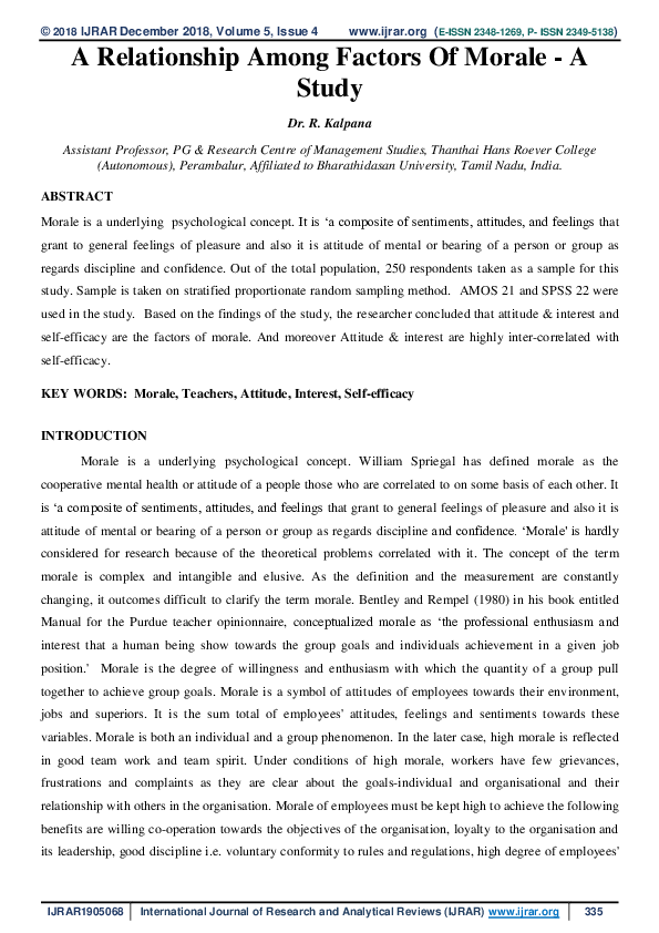 (PDF) A Relationship Among Factors Of Morale -A Study