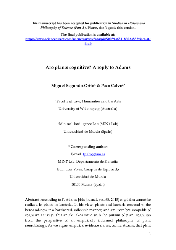 (PDF) Are plants cognitive? A reply to Adams