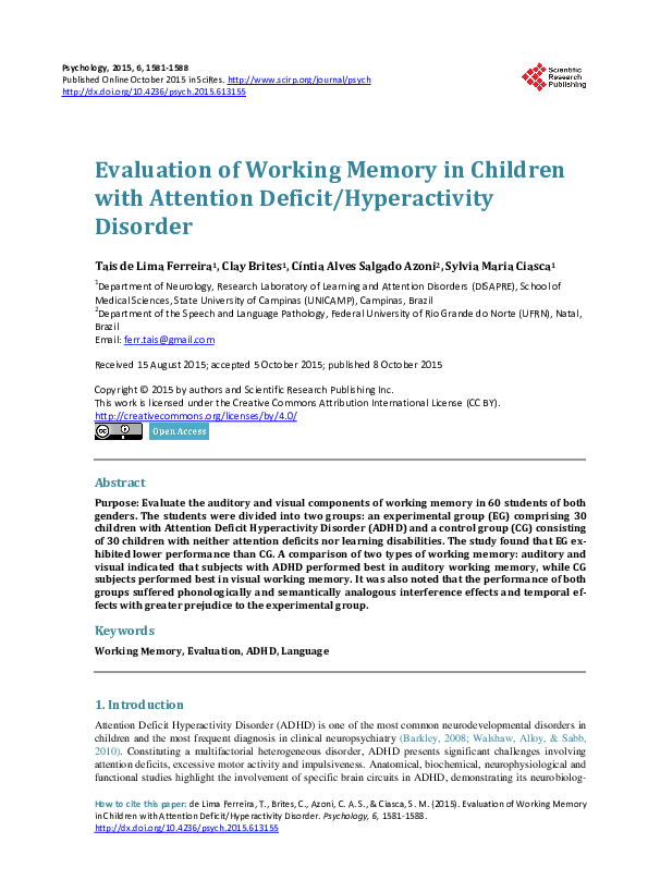 (PDF) Evaluation of Working Memory in Children with Attention Deficit ...