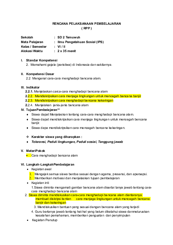 (DOC) RENCANA PELAKSANAAN PEMBELAJARAN ( RPP ) Mata Pelajaran : Ilmu ...