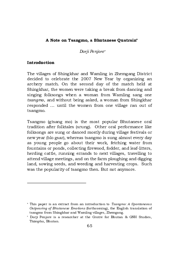 (PDF) A Note on Tsangmo, a Bhutanese Quatrain