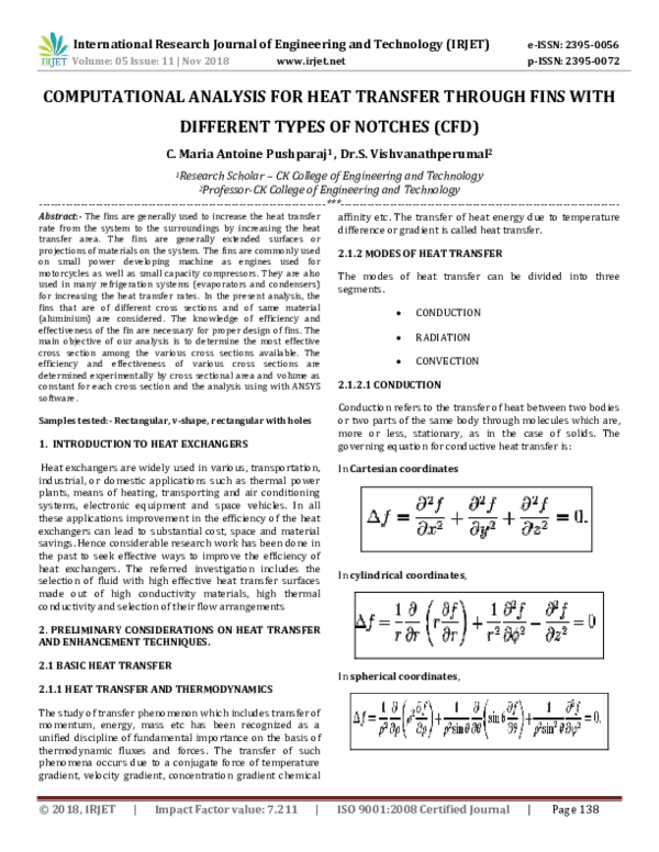(PDF) IRJET- COMPUTATIONAL ANALYSIS FOR HEAT TRANSFER THROUGH FINS WITH ...