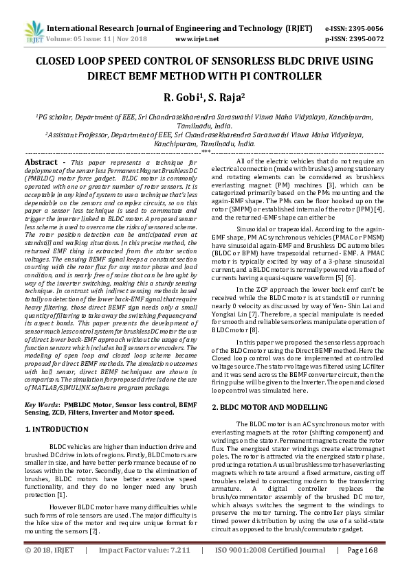 Pdf Irjet Closed Loop Speed Control Of Sensorless Bldc Drive Using Direct Bemf Method With Pi