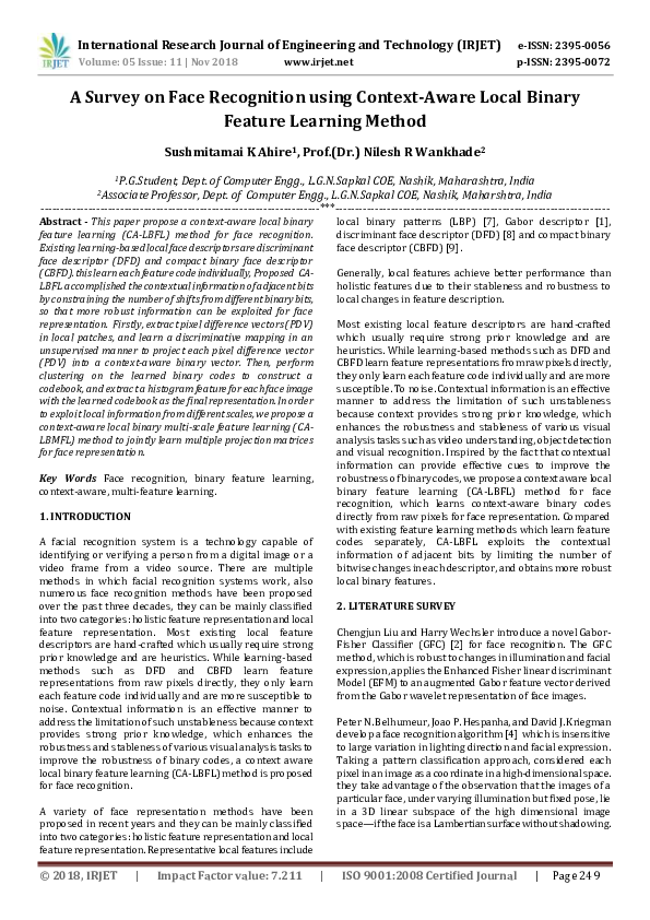 Pdf Irjet A Survey On Face Recognition Using Context Aware Local Binary Feature Learning Method