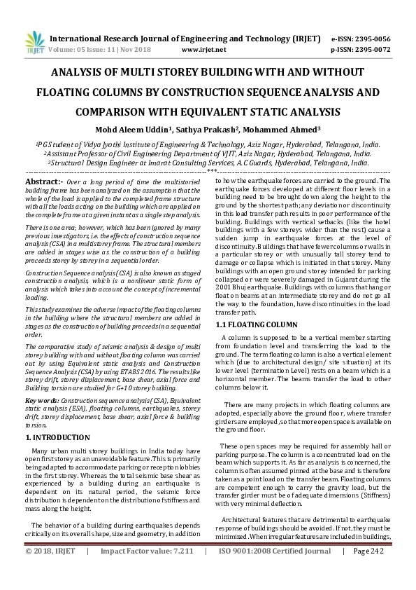Pdf Irjet Analysis Of Multi Storey Building With And Without Floating Columns By Construction