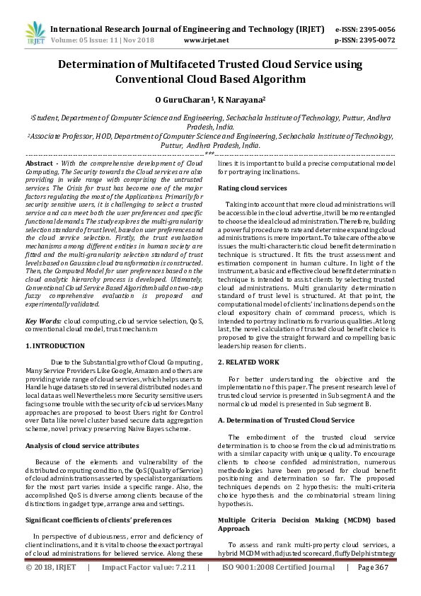 (PDF) IRJET- Determination of Multifaceted Trusted Cloud Service using Conventional Cloud Based ...