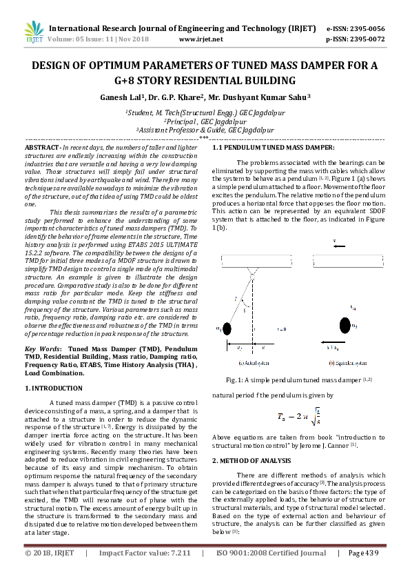 (PDF) DESIGN OF OPTIMUM PARAMETERS OF TUNED MASS DAMPER FOR A G+8 STORY RESIDENTIAL BUILDING