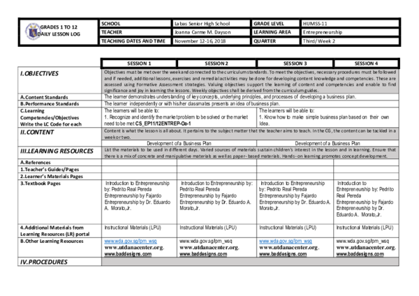 (DOC) GRADES 1 TO 12 DAILY LESSON LOG SESSION 1 SESSION 2 SESSION 3 SESSION 4