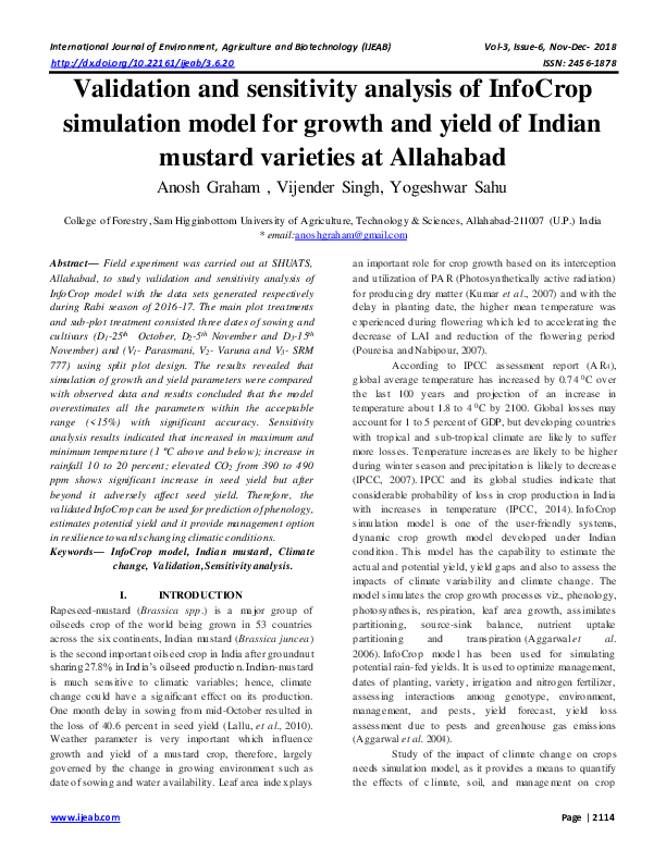 Pdf Validation And Sensitivity Analysis Of Infocrop Simulation Model