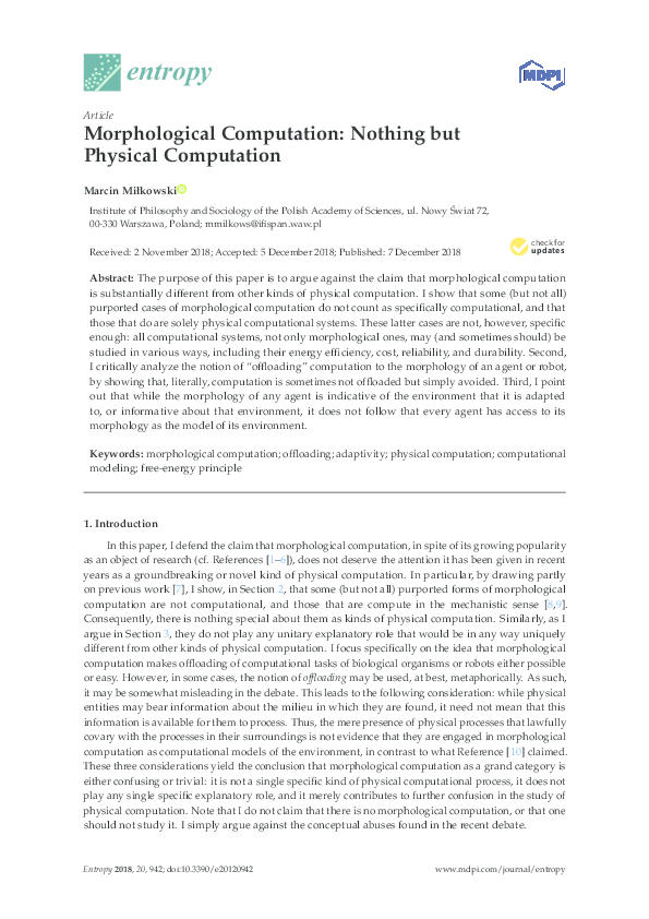 (PDF) Morphological Computation: Nothing but Physical Computation
