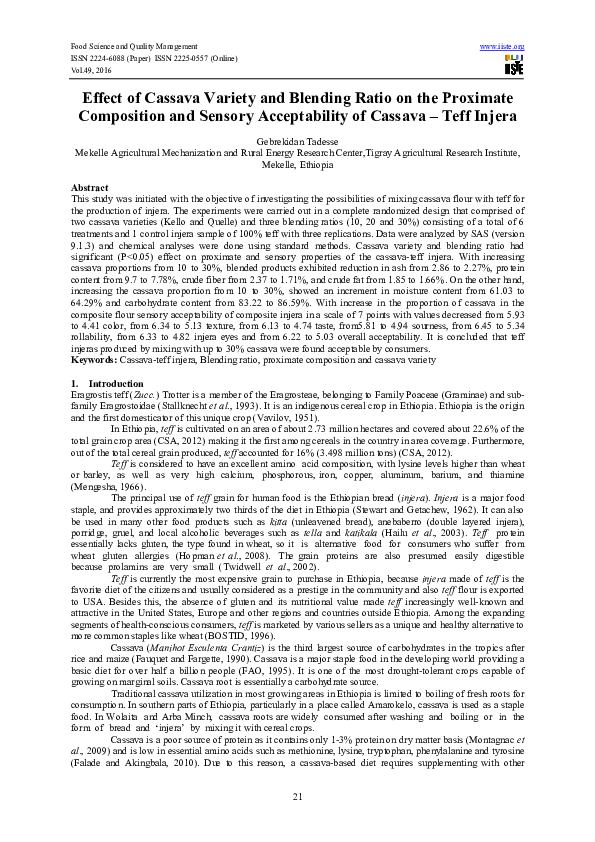 (PDF) Effect of Cassava Variety and Blending Ratio on the Proximate Composition and Sensory ...