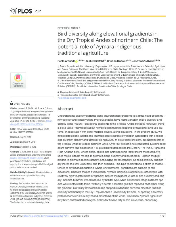 (PDF) Bird diversity along elevational gradients in the Dry Tropical Andes of northern Chile ...