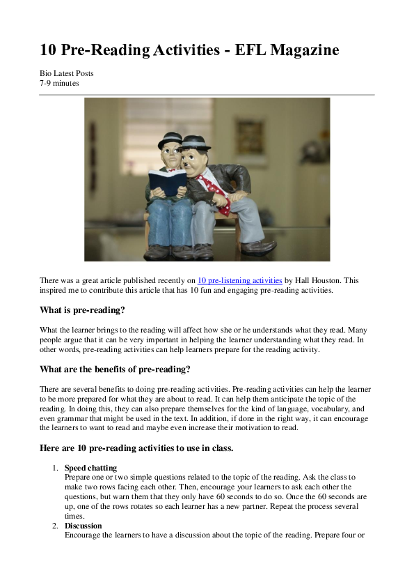 (DOC) 0 Pre-Reading Activities -EFL Magazine What is pre-reading? What ...