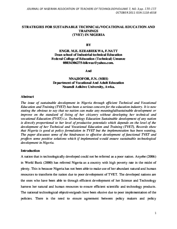 (DOC) STRATEGIES FOR SUSTAINABLE TECHNICAL VOCATIONAL EDUCATION AND ...