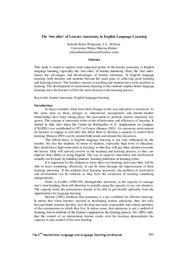 (PDF) The " two sides " of Learner Autonomy in English Language Learning