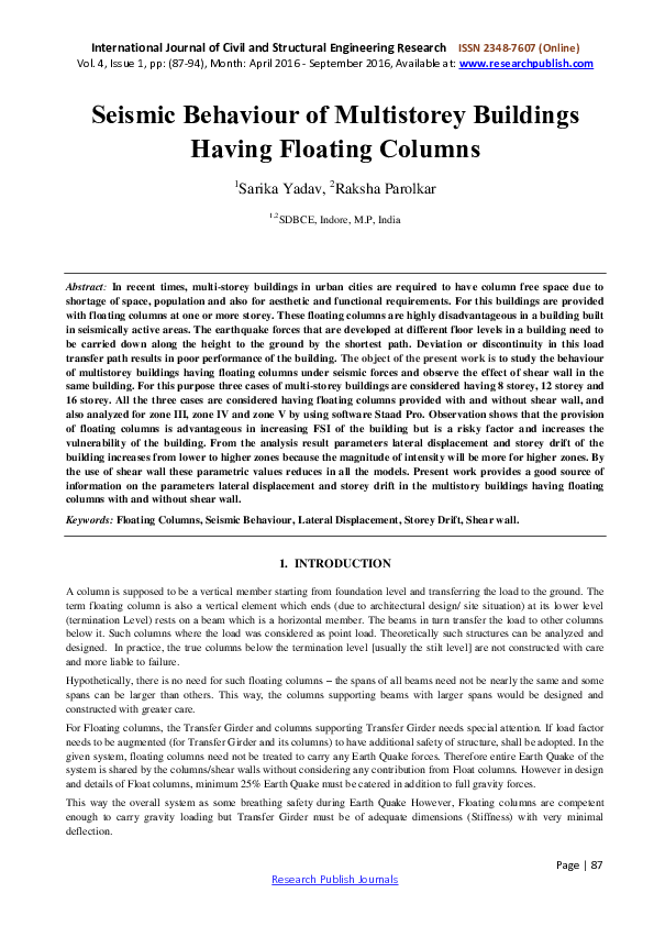 (PDF) Seismic Behaviour of Multistorey Buildings Having Floating Columns