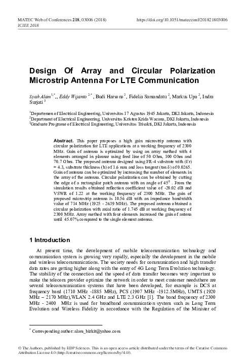 Pdf Design Of Array And Circular Polarization Microstrip Antenna For Lte Communication