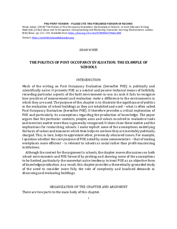 (PDF) The Politics of Post Occupancy Evaluation: the Example of Schools