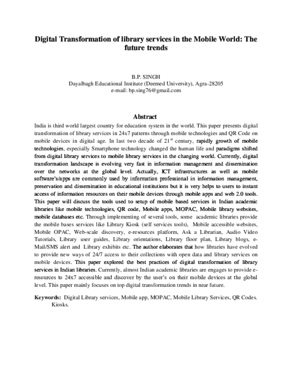 (PDF) Digital Transformation of library services in the Mobile World ...