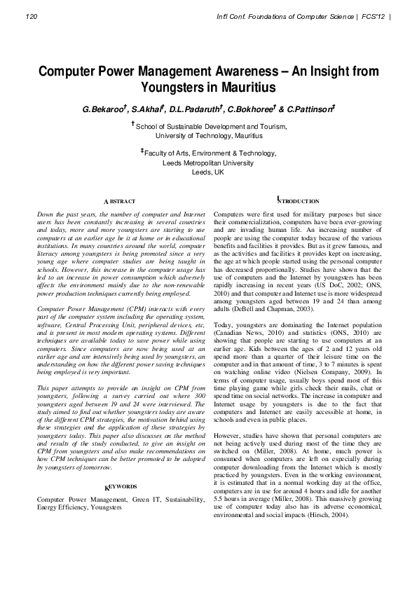 (PDF) Computer Power Management Awareness: An Insight from Youngsters ...