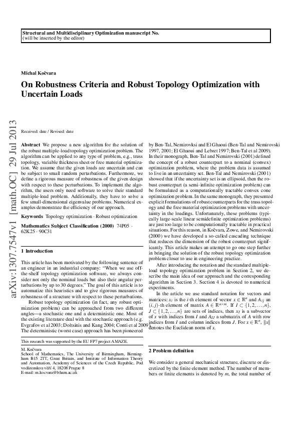 (PDF) On Robustness Criteria and Robust Topology Optimization with Uncertain Loads