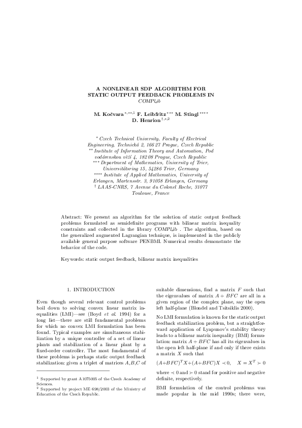 (PDF) A nonlinear SDP algorithm for static output feedback problems in COMPleib