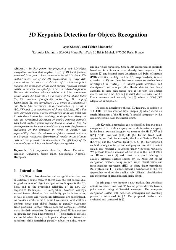 (PDF) 3D Keypoints Detection for Objects Recognition