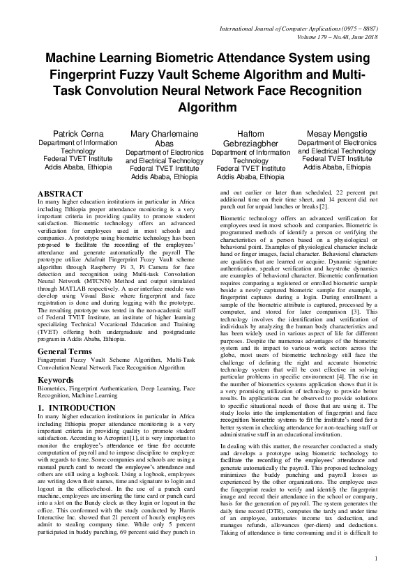 Pdf Machine Learning Biometric Attendance System Using Fingerprint Fuzzy Vault Scheme