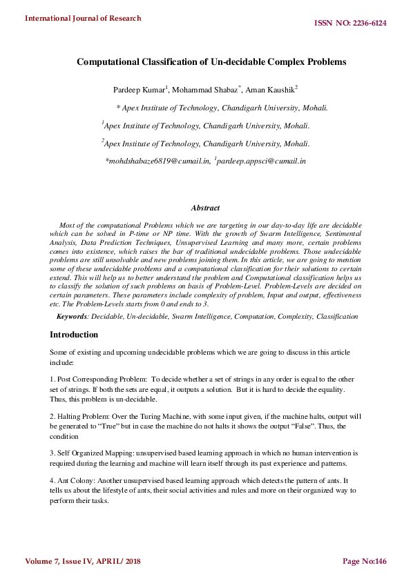 Pdf Computational Classification Of Un Decidable Complex Problems