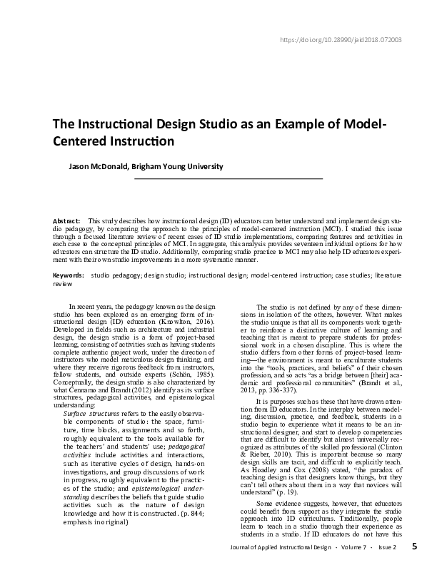 (PDF) The instructional design studio as an example of model-centered ...