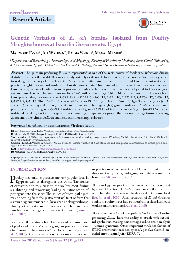 (PDF) Genetic Variation of E. coli Strains Isolated from Poultry ...