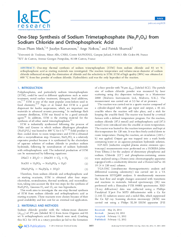 (PDF) One-Step Synthesis of Sodium Trimetaphosphate (Na 3 P 3 O 9 ...