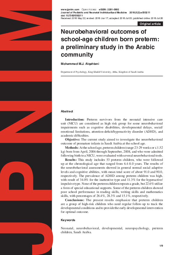 (PDF) Neurobehavioral outcomes of school-age children born preterm: a ...