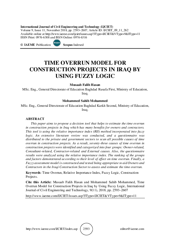 Pdf Time Overrun Model For Construction Projects In Iraq By Using Fuzzy Logic