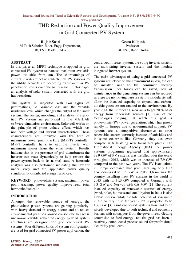 (PDF) THD Reduction and Power Quality Improvement in Grid Connected PV System