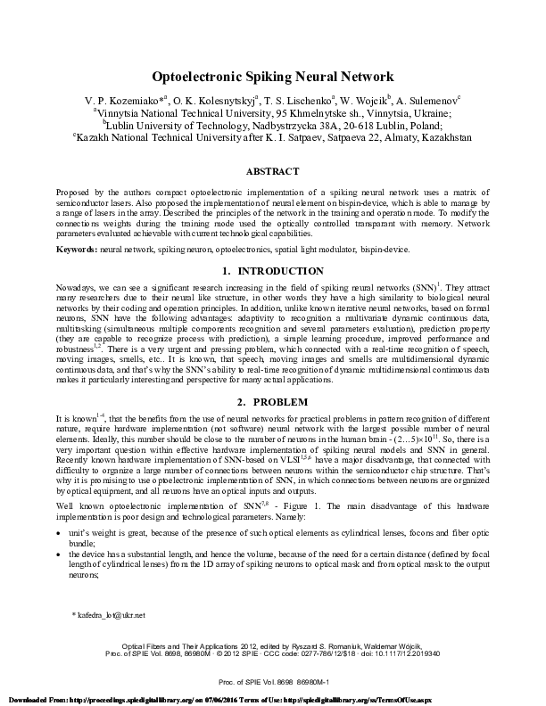 (PDF) OPTOELECTRONIC SPIKING NEURAL NETWORK