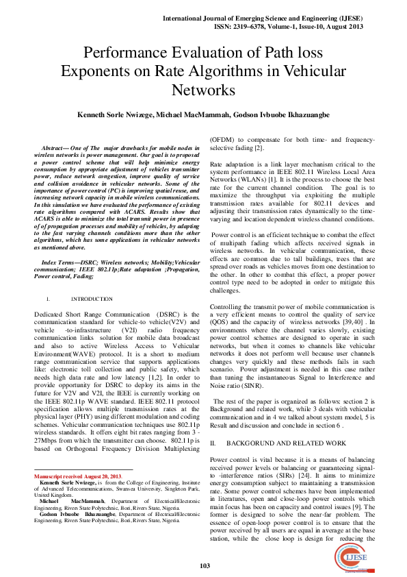 Pdf Performance Evaluation Of Path Loss Exponents On Rate Algorithms In Vehicular Networks