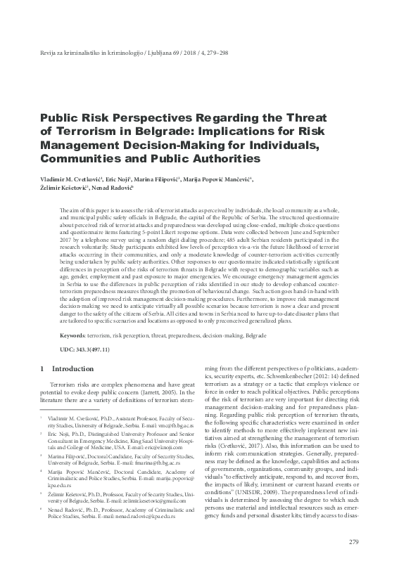 (PDF) Public Risk Perspectives Regarding the Threat of Terrorism in Belgrade: Implications for ...
