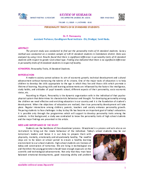 (PDF) PERSONALITY TRAITS OF IX STANDARD STUDENTS