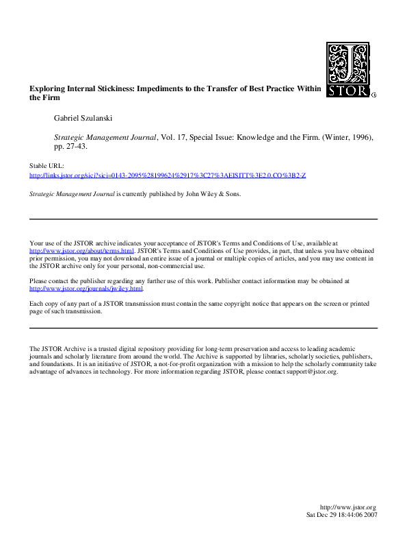 (PDF) Exploring Internal Stickiness: Impediments to the Transfer of ...