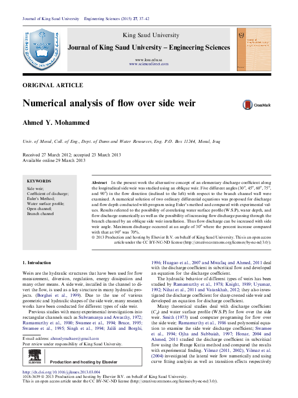(PDF) Numerical analysis of flow over side weir