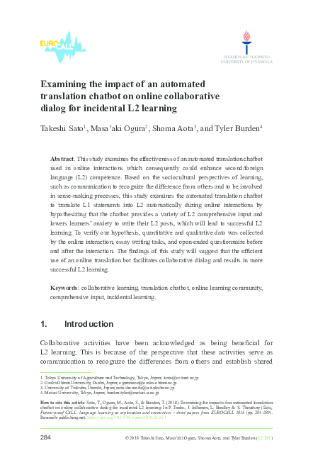 (PDF) Examining the impact of an automated translation chatbot on online collaborative dialog ...