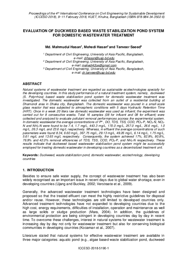 (PDF) EVALUATION OF DUCKWEED BASED WASTE STABILIZATION POND SYSTEM FOR DOMESTIC WASTEWATER TREATMENT