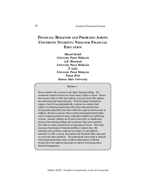 (PDF) FINANCIAL BEHAVIOR AND PROBLEMS AMONG UNIVERSITY STUDENTS: NEED ...