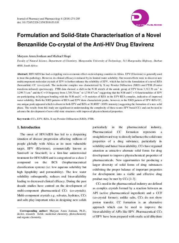 (PDF) Formulation and Solid-State Characterisation of a Novel ...
