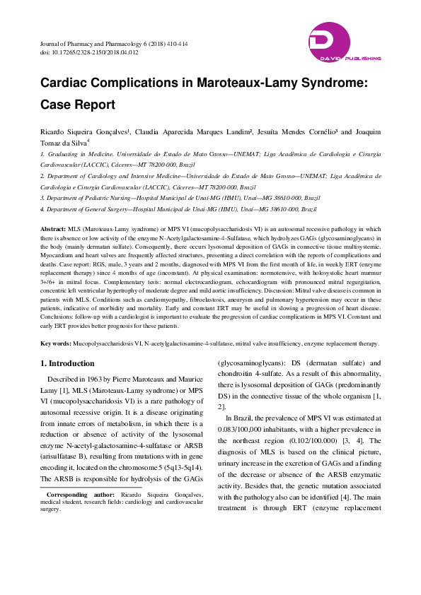 (PDF) Cardiac Complications in Maroteaux-Lamy Syndrome: Case Report
