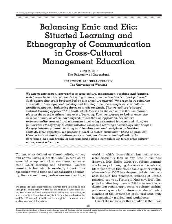 (PDF) Balancing Emic and Etic: Situated Learning and Ethnography of ...