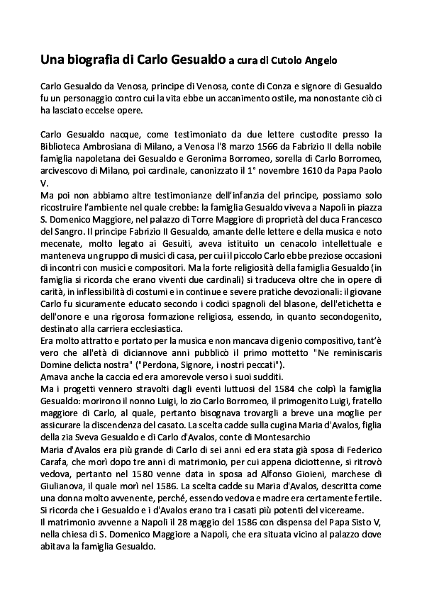 (PDF) Una biografia di Carlo Gesualdo a cura di Cutolo Angelo