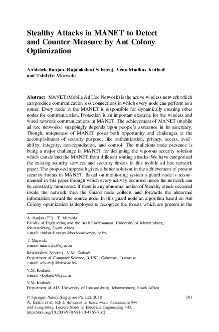 Pdf Stealthy Attacks In Manet To Detect And Counter Measure By Ant Colony Optimization