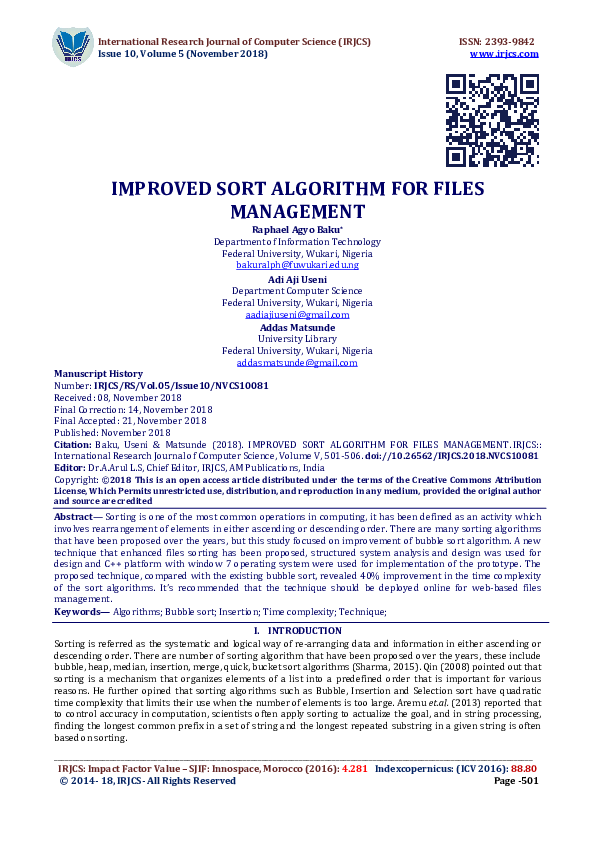 (PDF) IMPROVED SORT ALGORITHM FOR FILES MANAGEMENT